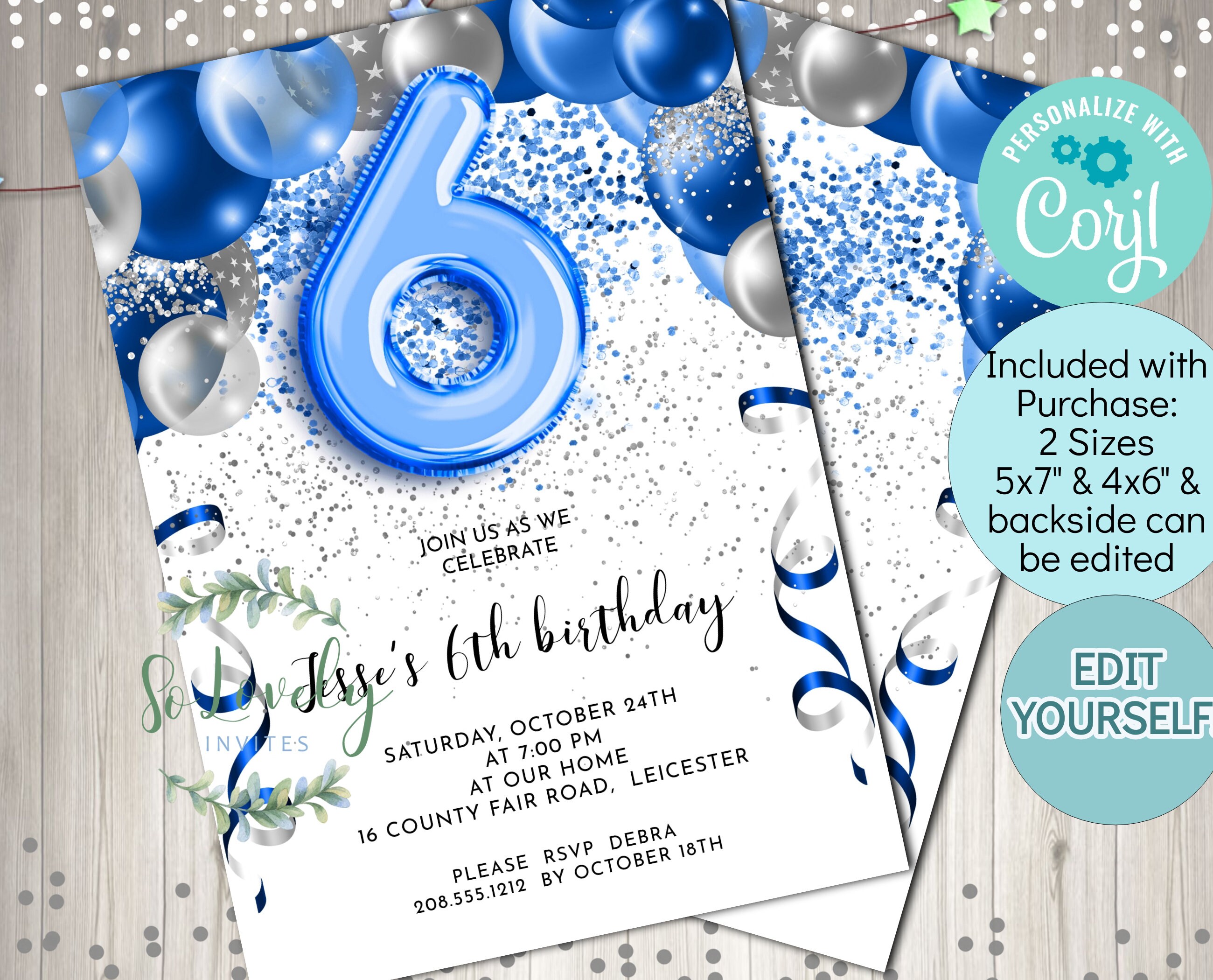 Blue and Silver Balloons 6th Birthday Invitation, EDIT YOURSELF ...