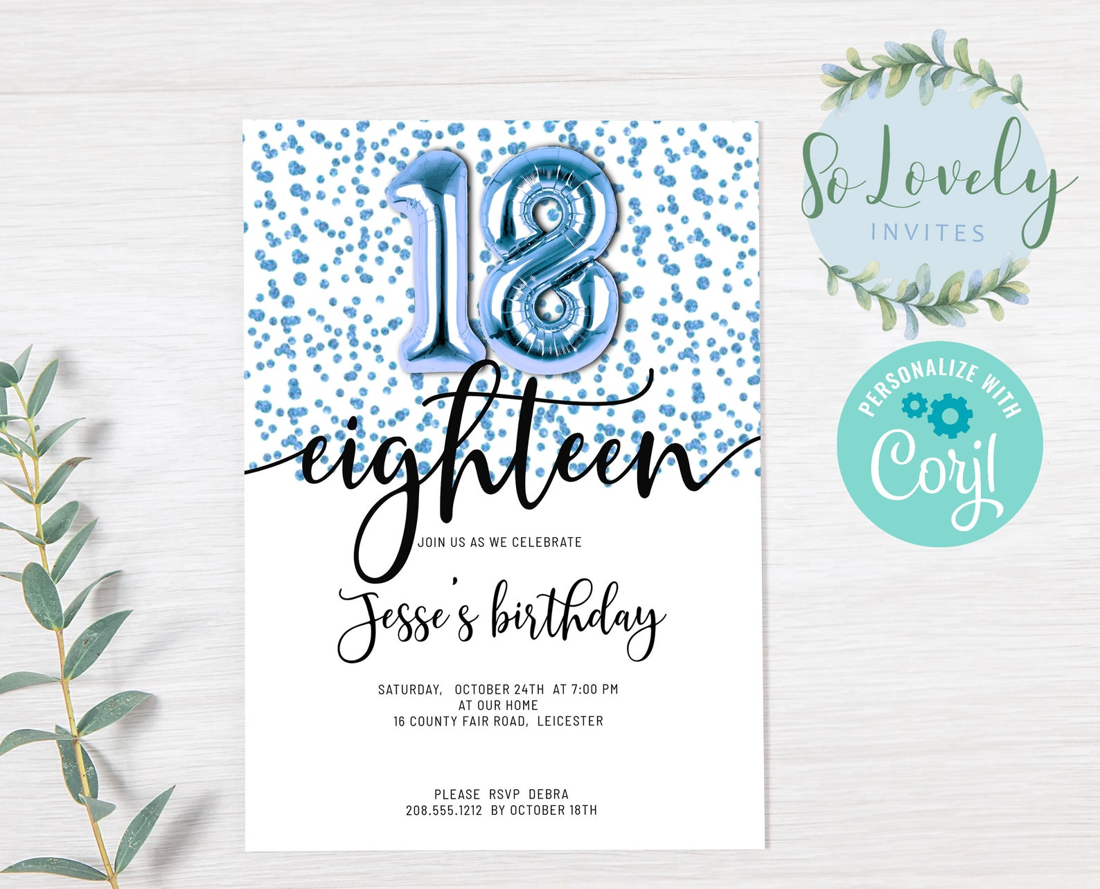 Metallic Blue Glitter 18th Birthday Invitation Editable | Etsy