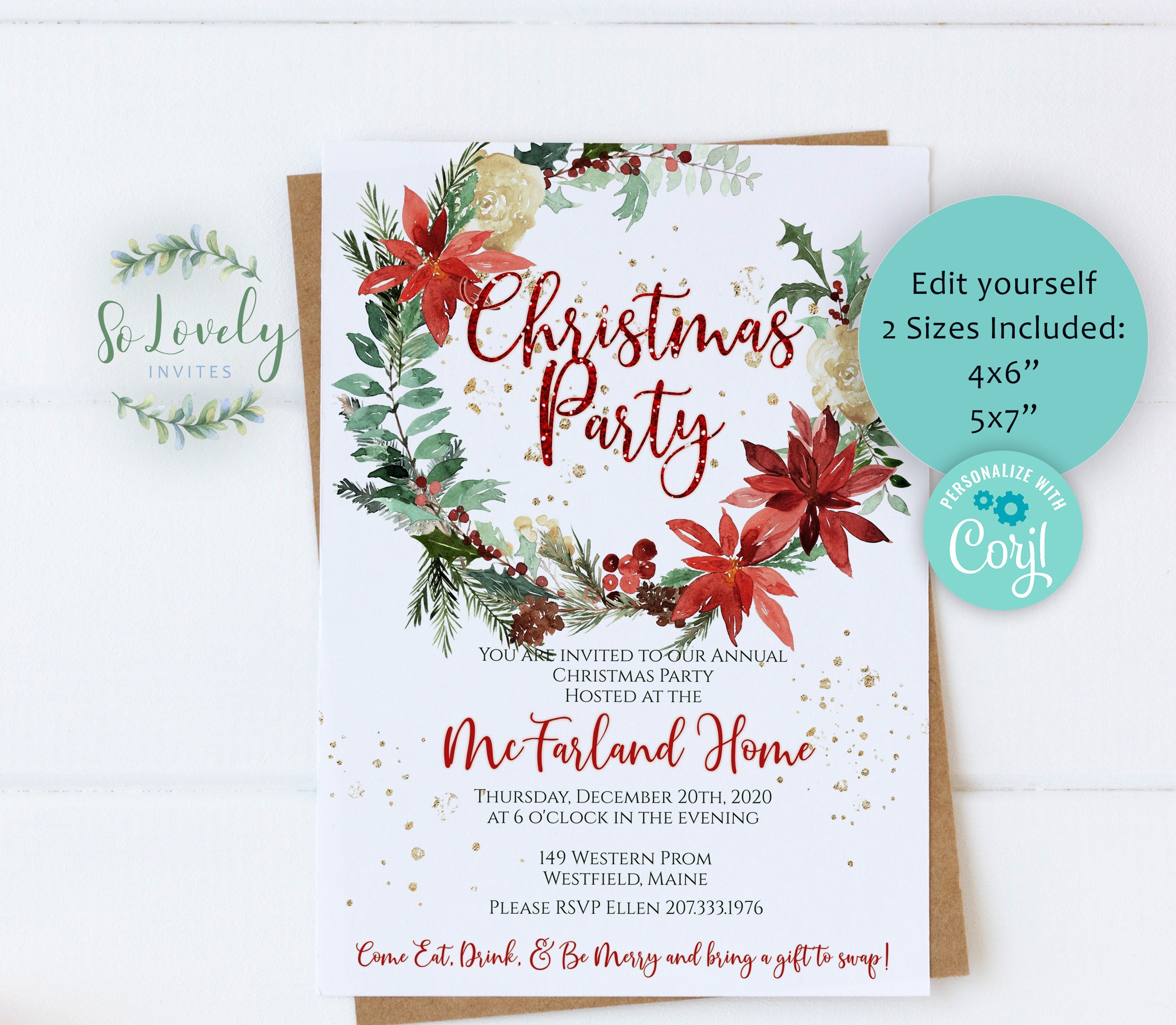 Personalized Christmas Party Invitation, Editable Holiday Invite, Pine ...