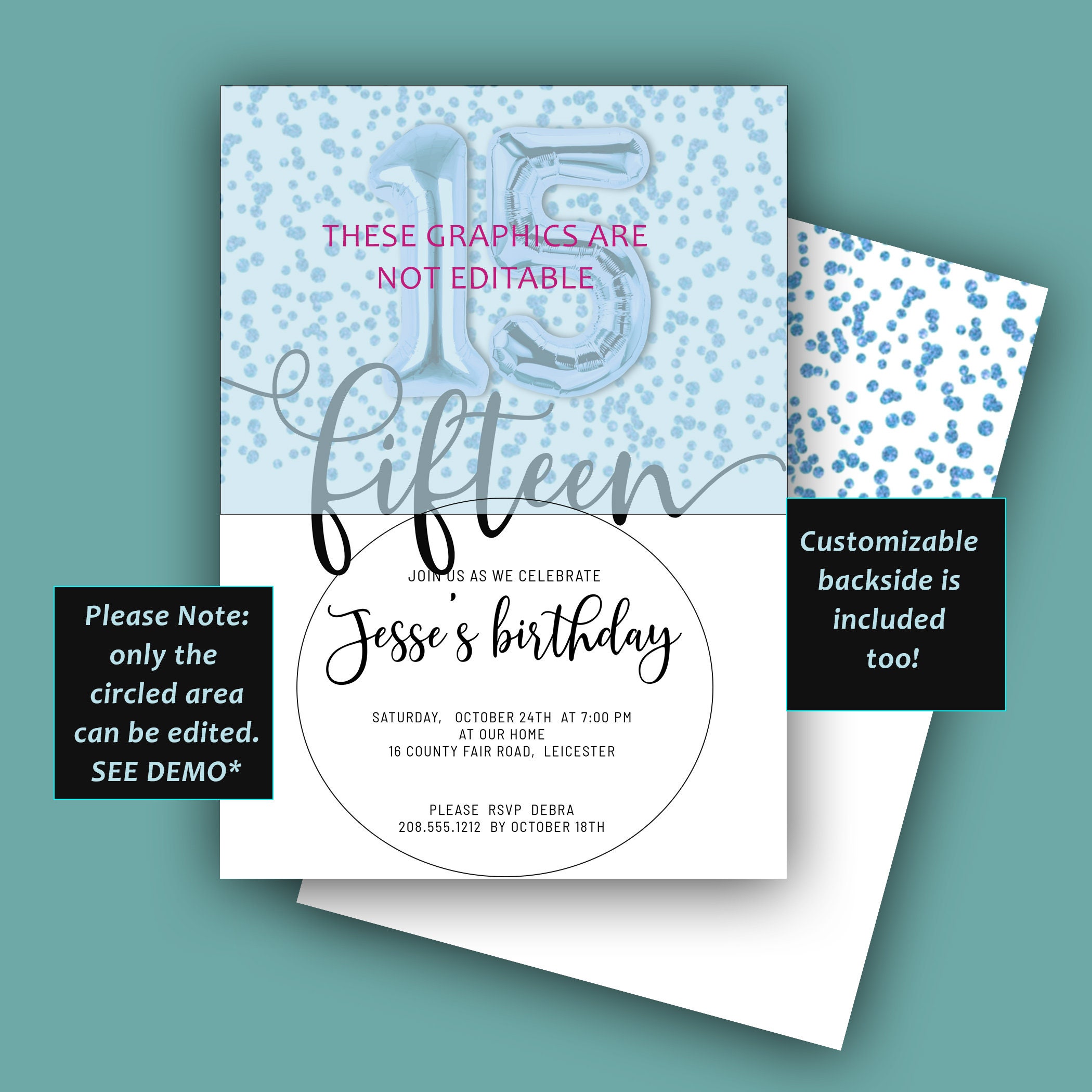 Metallic Blue Glitter 15th Birthday Invitation, Boy Invite- Editable ...