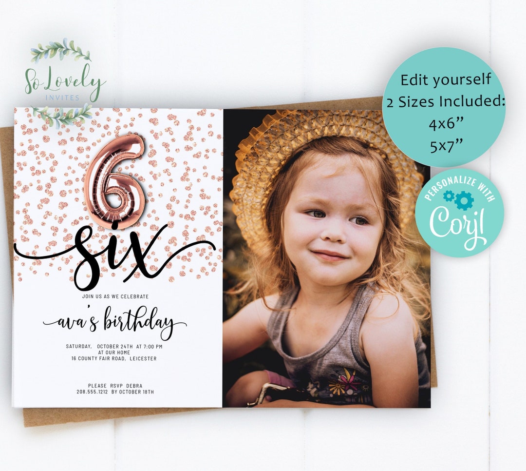 Rose Gold Metallic Glitter 6th Birthday Invitation With Photo, EDIT ...