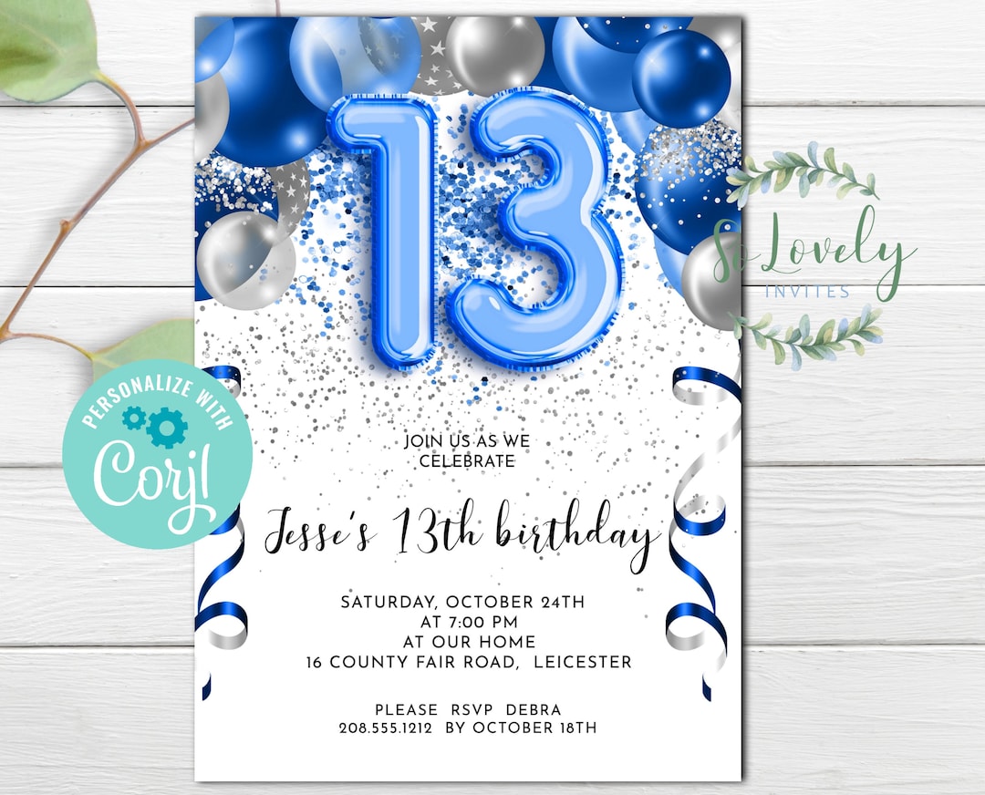Blue and Silver Balloons 13th Birthday Invitation, Editable Birthday ...