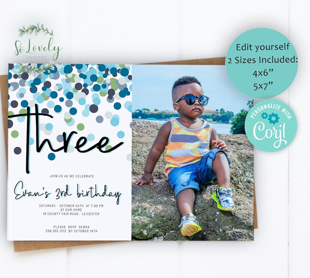 Confetti 3rd Birthday Photo Invitation, EDIT YOURSELF Birthday Invite ...
