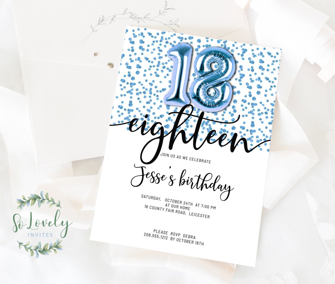 Metallic Blue Glitter 18th Birthday Invitation, Editable Birthday ...