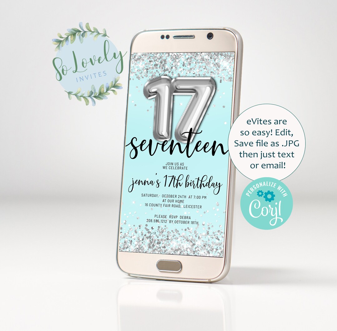 Ice Blue and Silver Glitter 17th Birthday Invitation, Editable Mobile ...