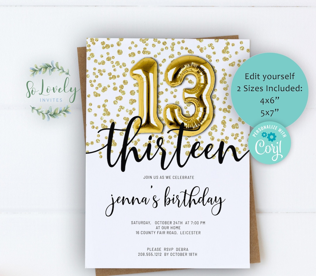 Gold Glitter 13th Birthday Invitation, Editable Birthday Invite for 13 ...
