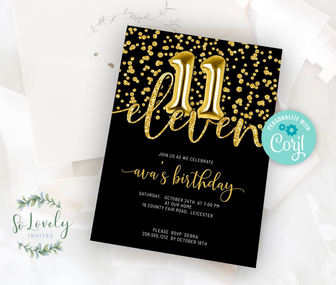 Black and Gold Glitter 11th Birthday Invitation, EDIT YOURSELF Birthday ...