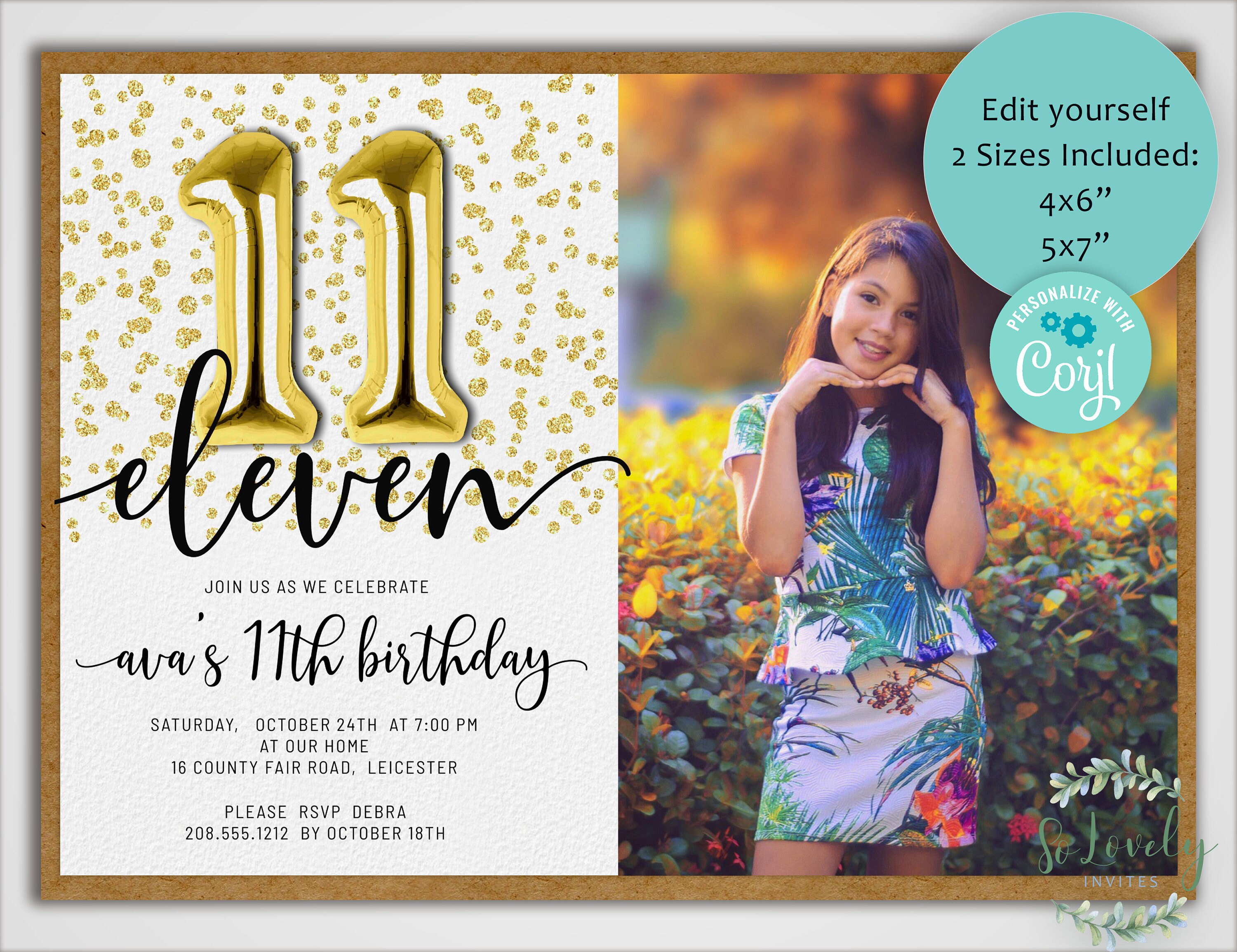Gold Glitter 11th Birthday Invitation With Photo Editable | Etsy