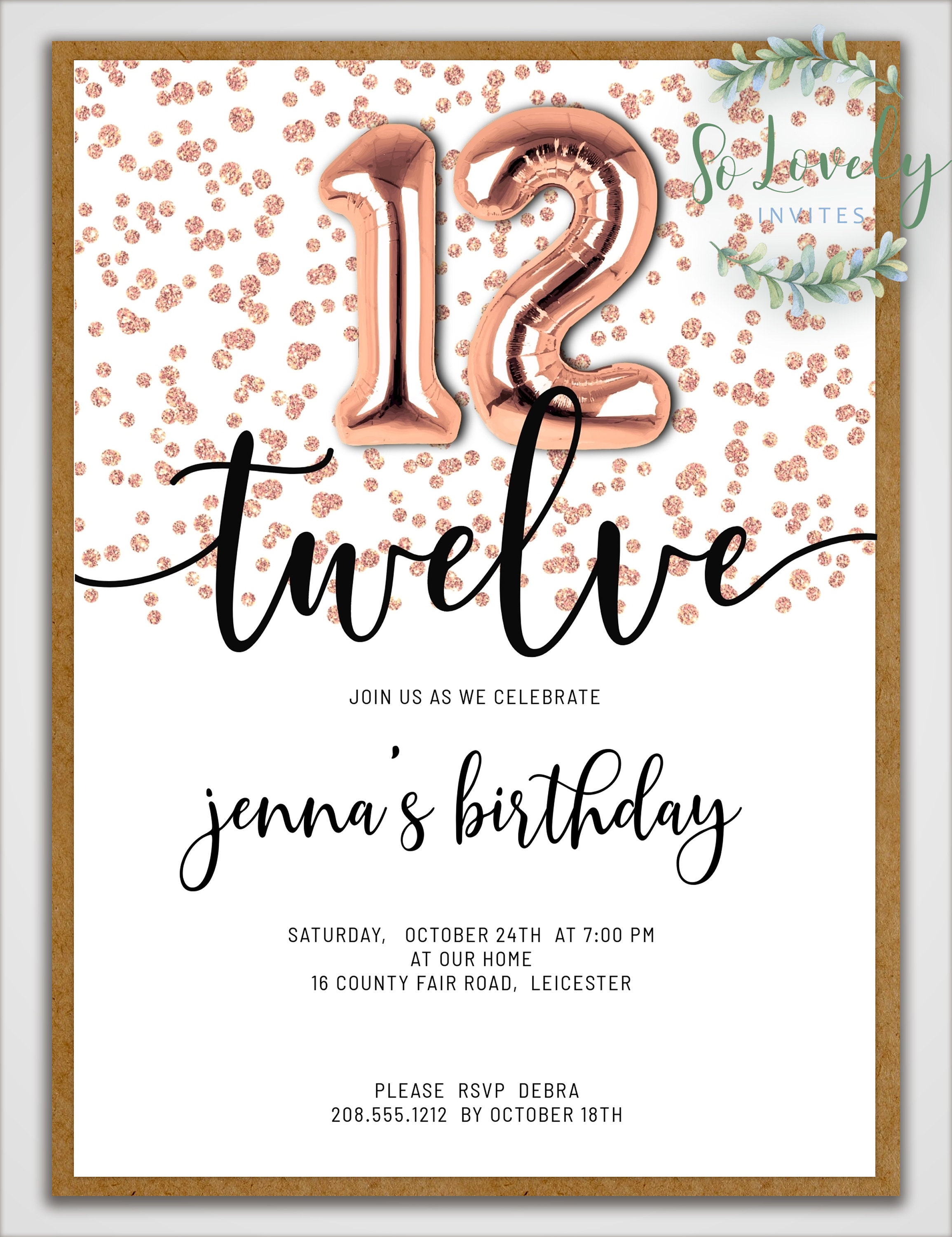 Rose Gold Glitter 12th Birthday Invitation, EDIT YOURSELF Birthday ...