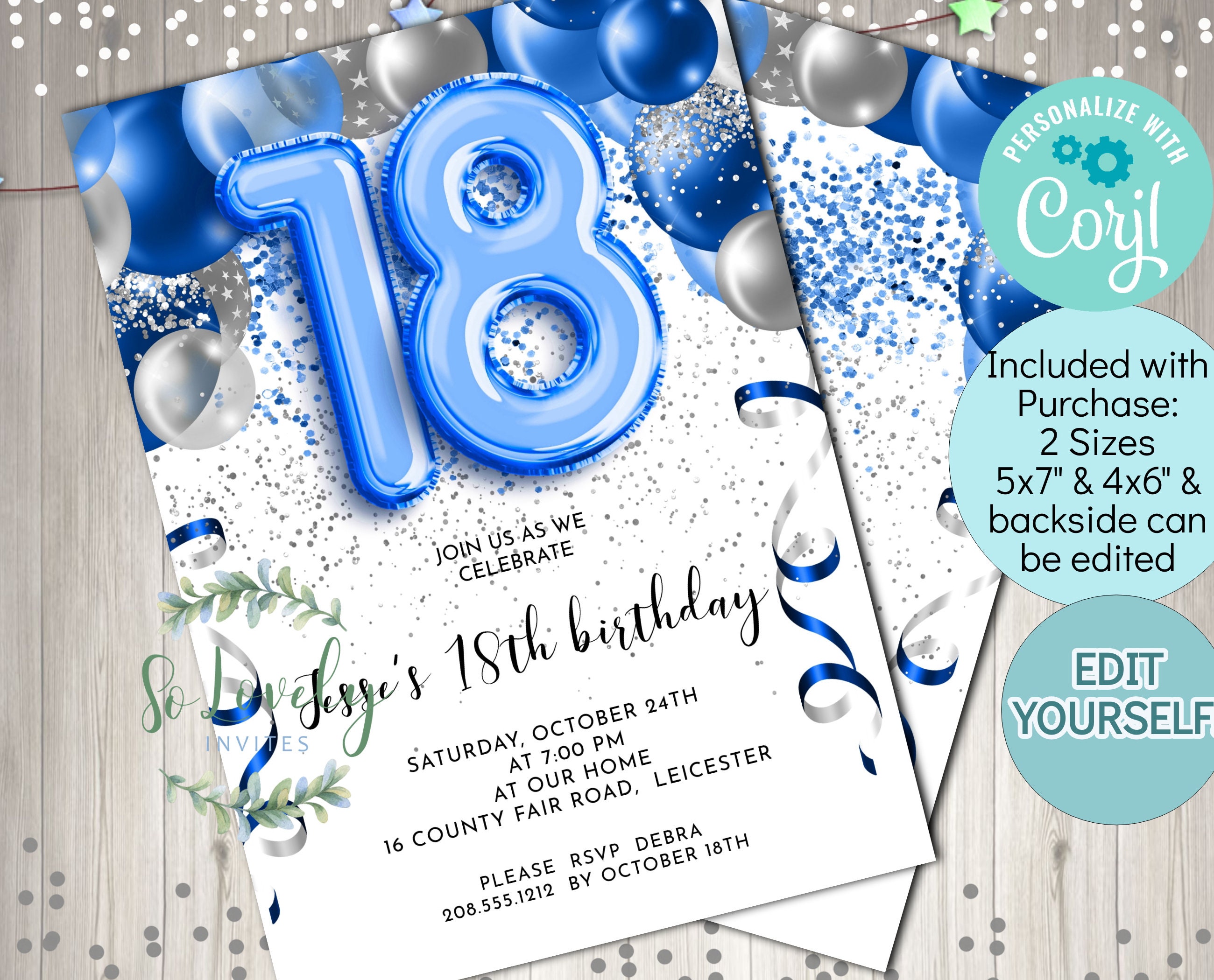 Blue and Silver Balloons 18th Birthday Invitation, Editable Birthday ...