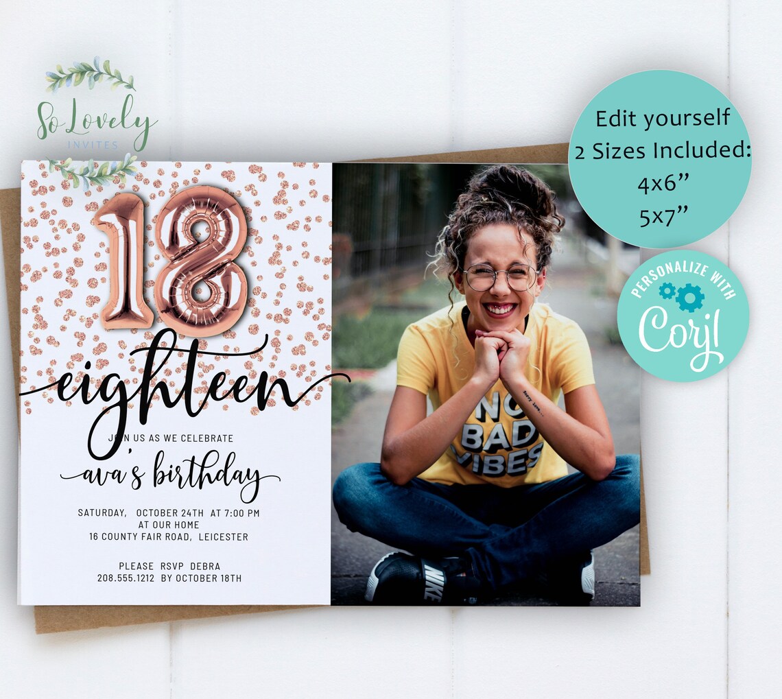 Rose Gold Glitter 18th Birthday Photo Invitation, Editable Birthday ...