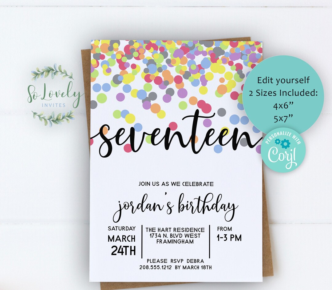 Rainbow Confetti 17th Birthday Invitation, Editable Birthday Invite for ...