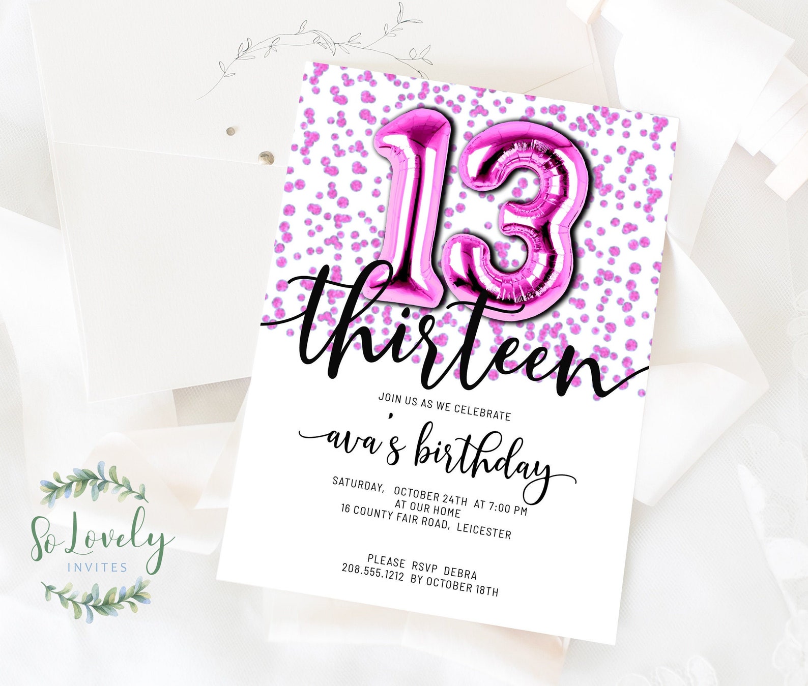 Metallic Pink Glitter 13th Birthday Invitation, Editable Birthday ...