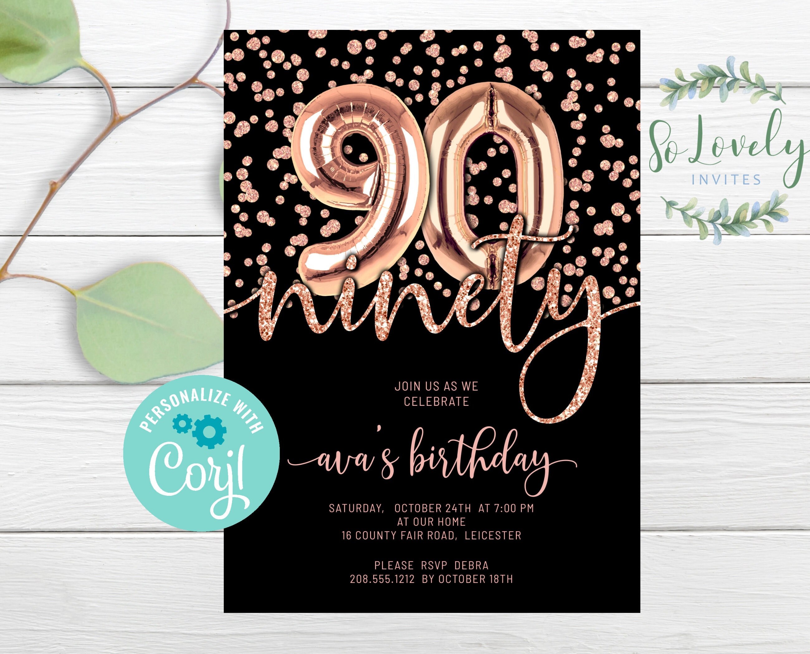 Black and Rose Gold 90th Birthday Invitation Editable - Etsy