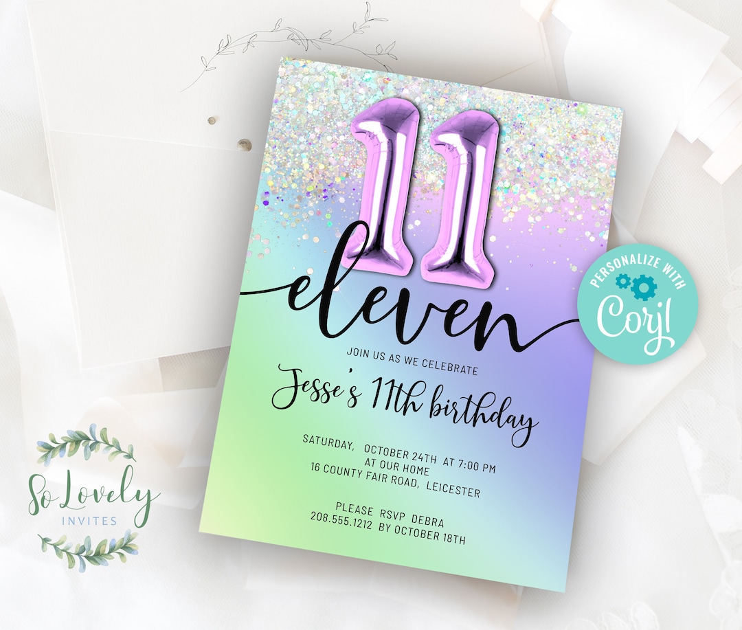 Purple Rainbow Holo Glitter 11th Birthday Invitation, EDIT YOURSELF ...