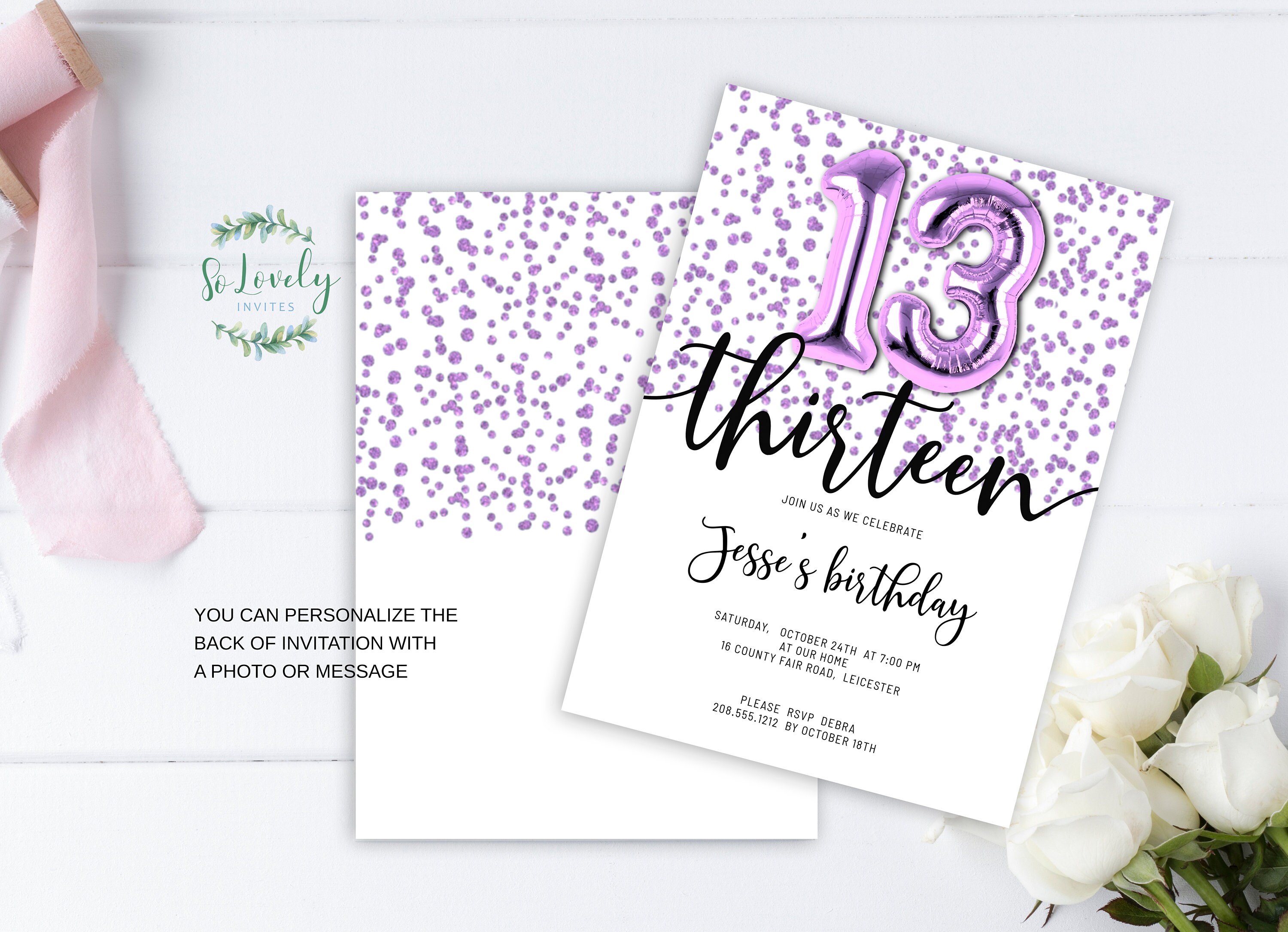 Metallic Purple Glitter 13th Birthday Invitation, Editable Birthday ...