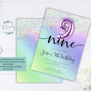 Purple Rainbow Holo Glitter 9th Birthday Invitation, Editable Birthday ...