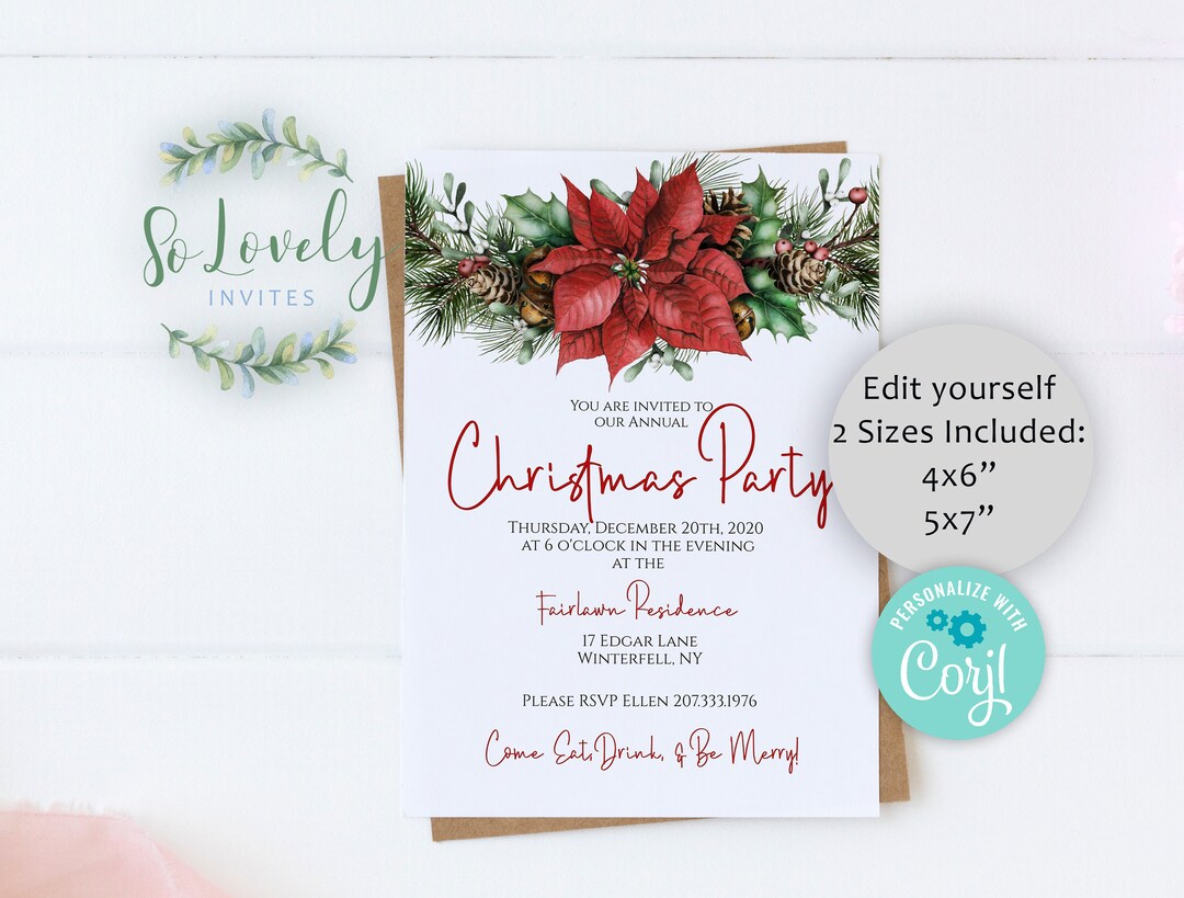 Personalized Christmas Party Invitation, Editable Holiday Invite, Pine ...