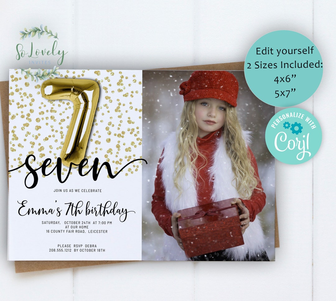 Gold Metallic Glitter 7th Birthday Photo Invitation, EDIT YOURSELF ...