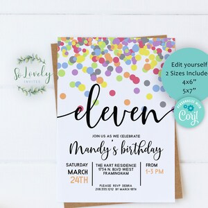 Rainbow Confetti 11th Birthday Invitation, Editable Birthday Invite for ...
