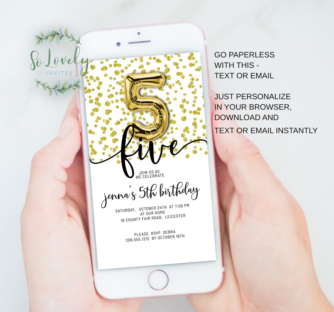 Gold Glitter 5th Birthday Invitation, EDIT YOURSELF Birthday Invite for ...