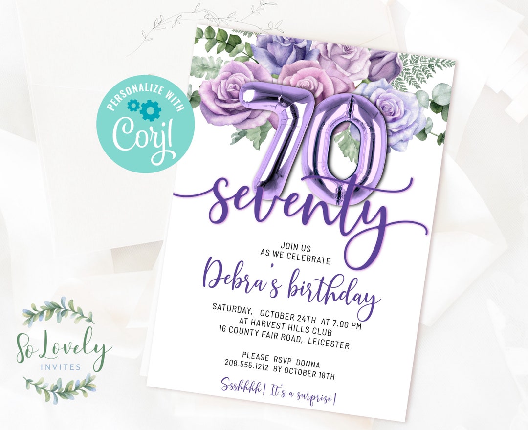 Purple Roses 70th Birthday Invitation, Editable Birthday Invite for ...
