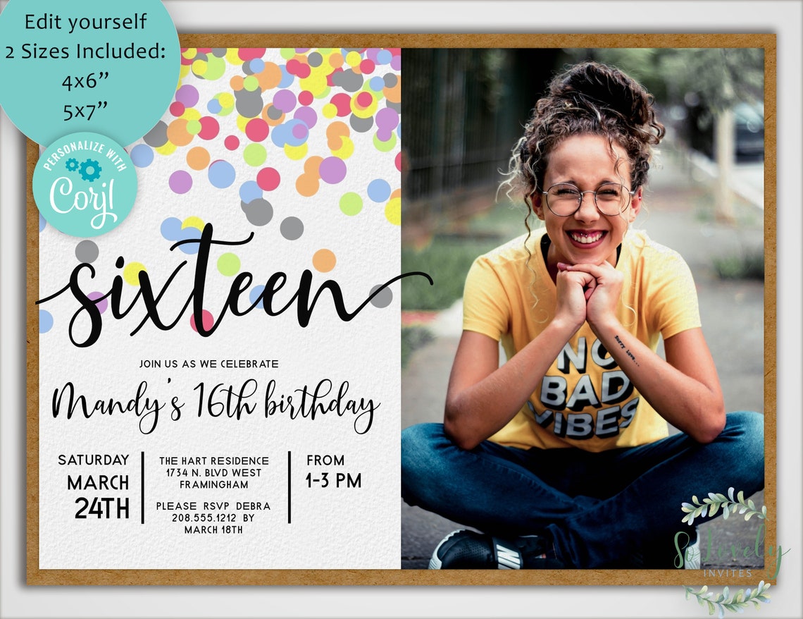 Rainbow Confetti 16th Birthday Photo Invitation Editable | Etsy