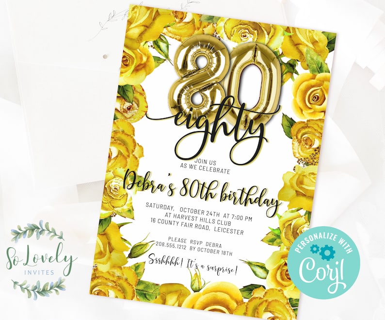 Yellow Roses 80th Birthday Invitation Editable Birthday - Etsy