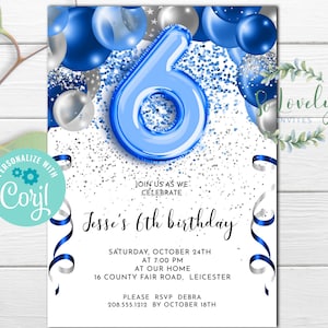 Blue and Silver Balloons 6th Birthday Invitation, EDIT YOURSELF ...