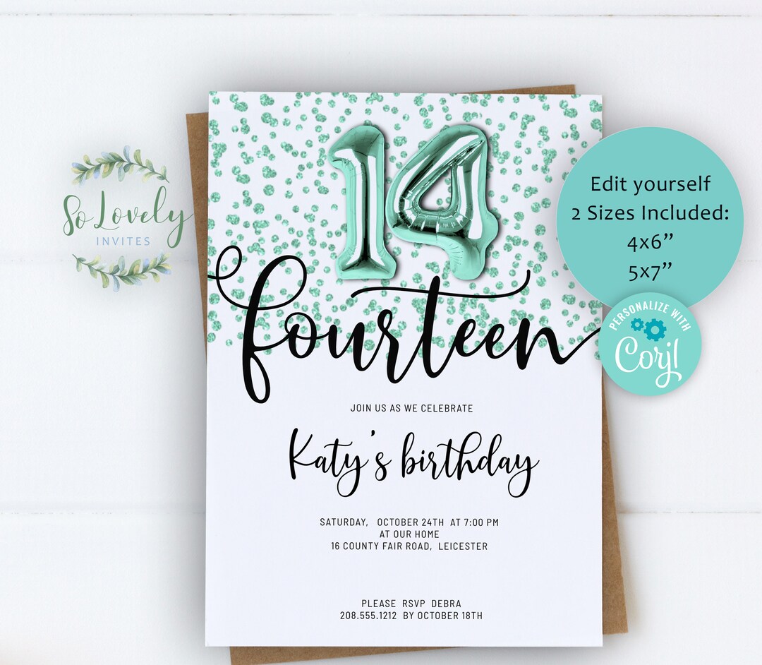Invitación de cumpleaños número 14 con brillo verde menta metálico ...