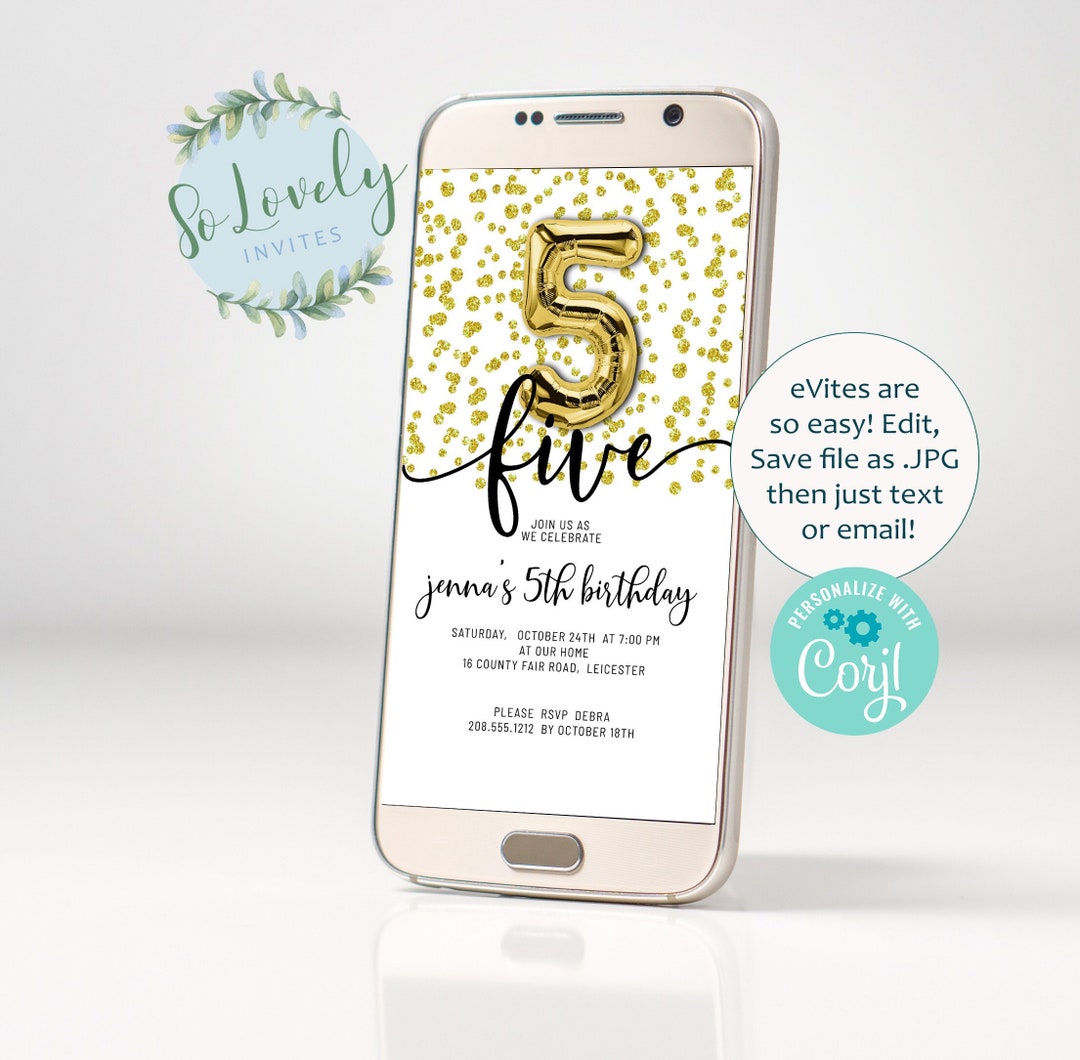 Gold Glitter 5th Birthday Invitation, EDIT YOURSELF Birthday Invite for ...