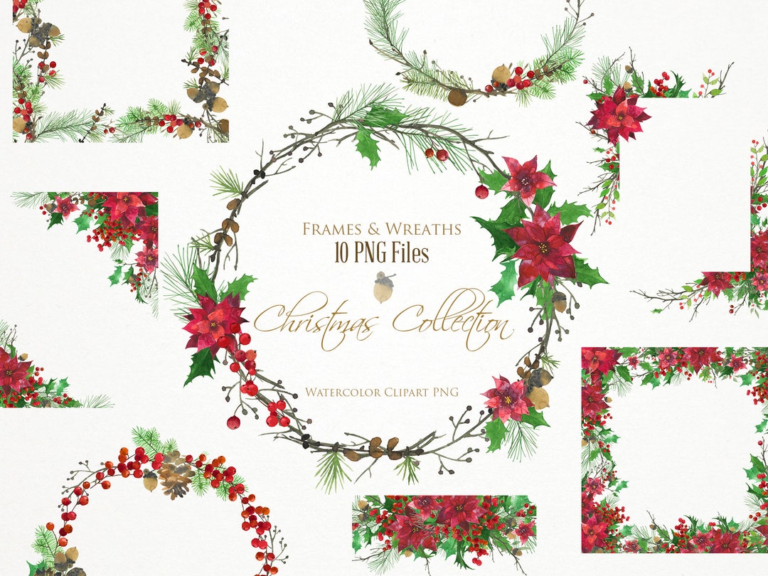 Watercolor Hand Painted Wreaths and Frames With Poinsettia, Winter ...