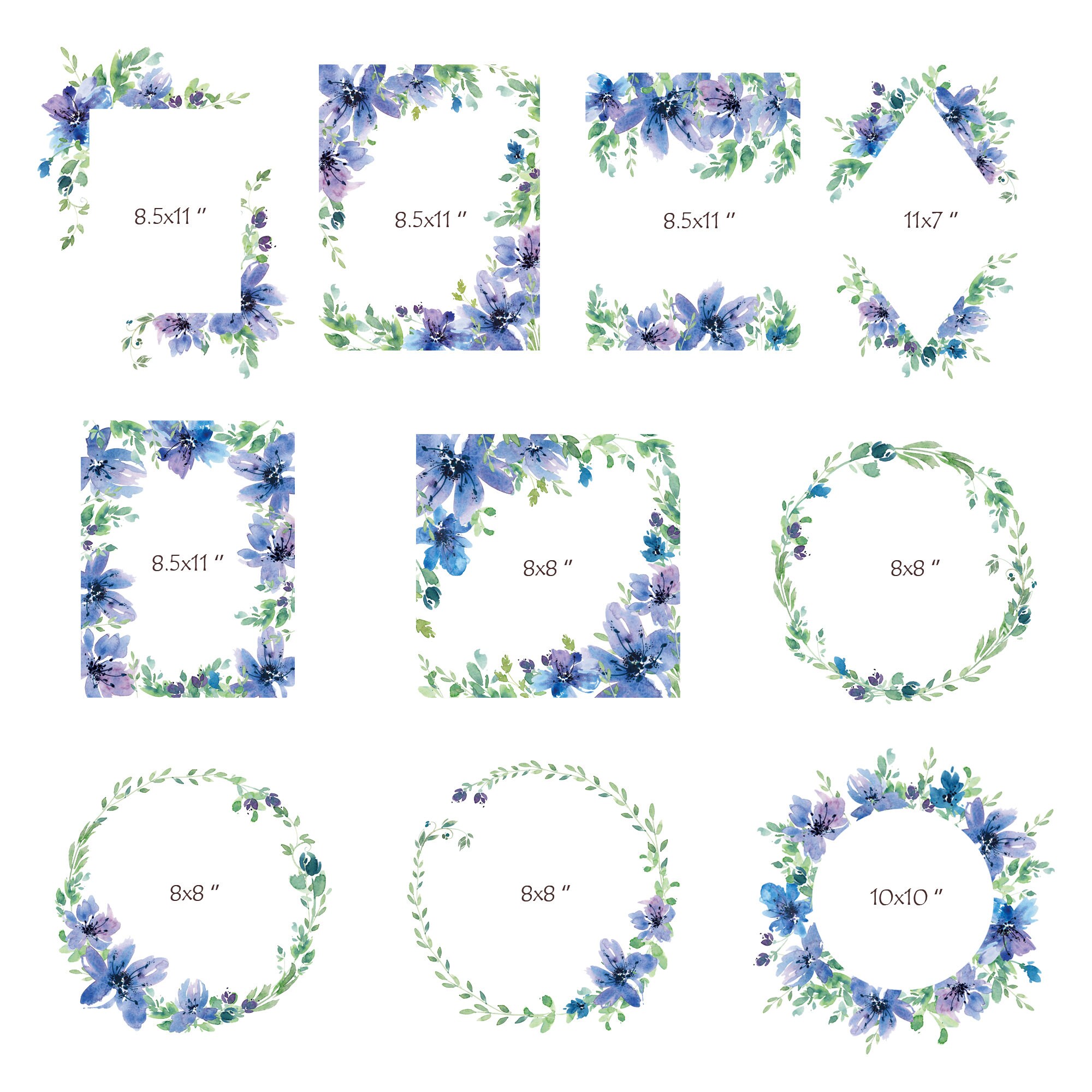 Watercolor Blue Flowers Clipart Frames Borders Round Wreaths Wedding ...