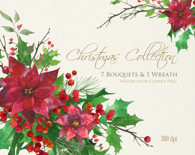 Watercolor Hand Painted Bouquets and Wreath Witn Poinsettia, Winter ...