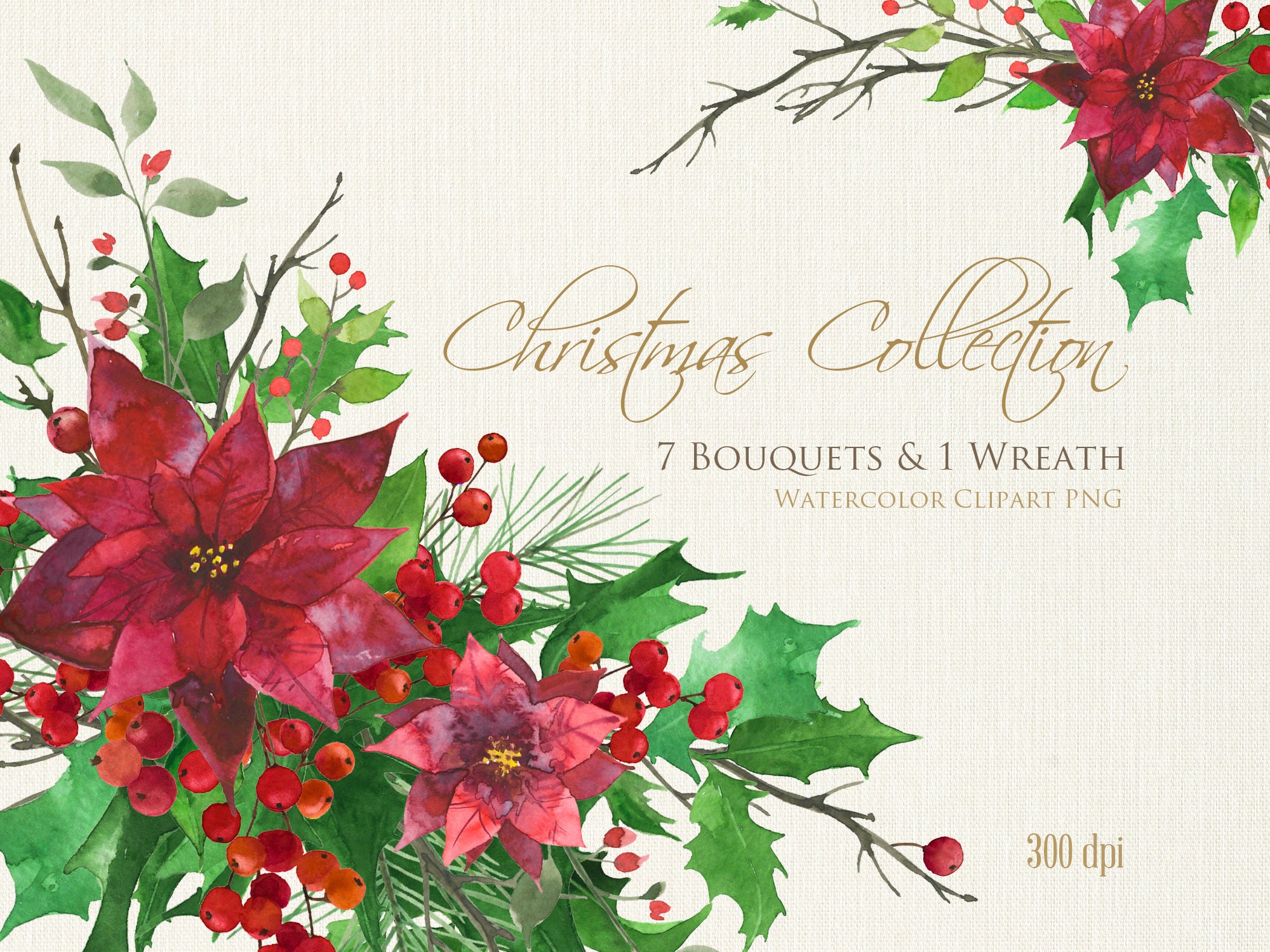 Watercolor Hand Painted Bouquets and Wreath Witn Poinsettia, Winter ...