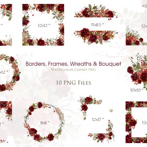 Watercolor Burgundy Flowers Collection Clipart Digital Download Frames ...