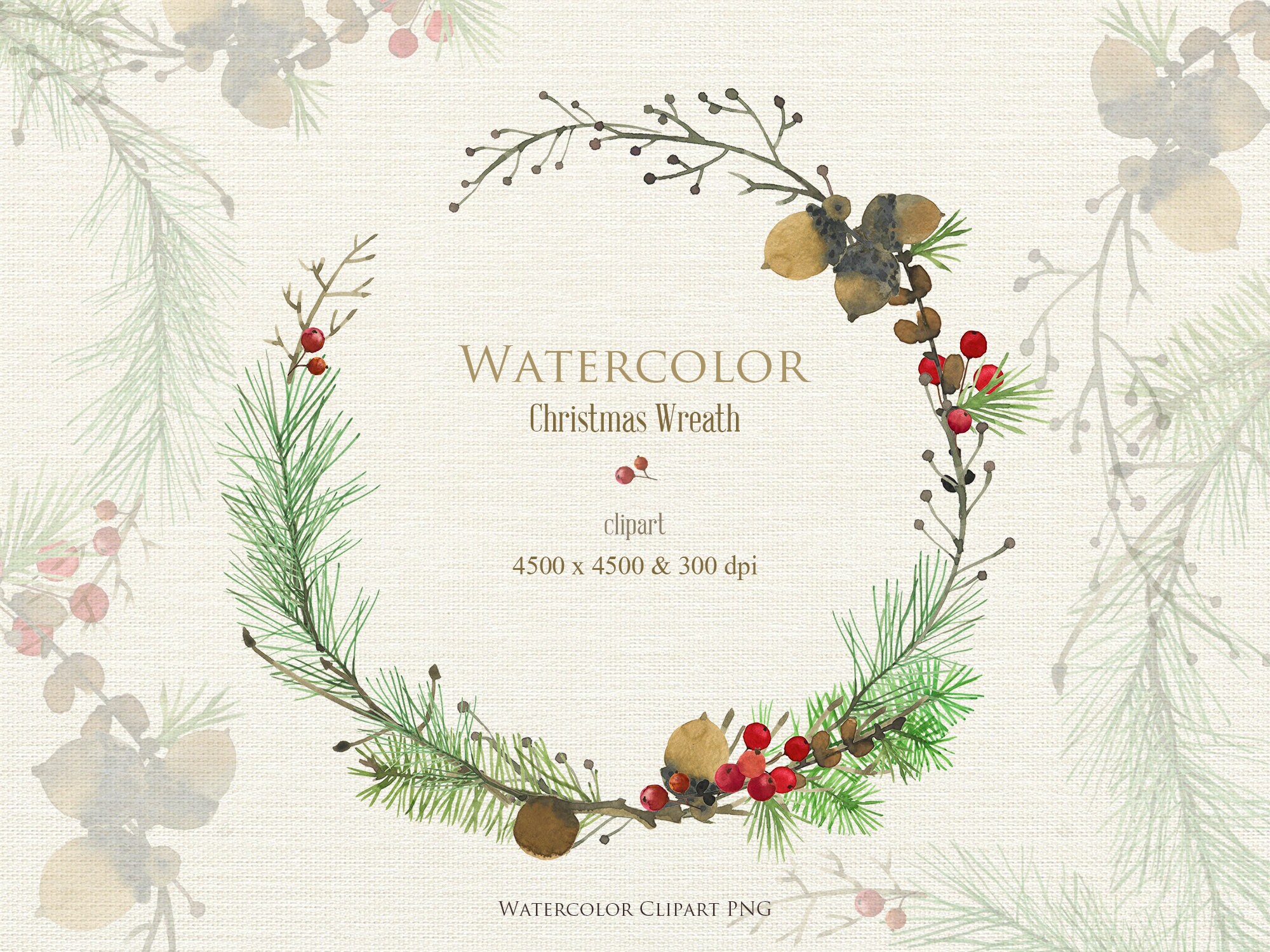 Watercolor Branches Clipart Wreath, Winter Wreath Clipart, Christmas ...