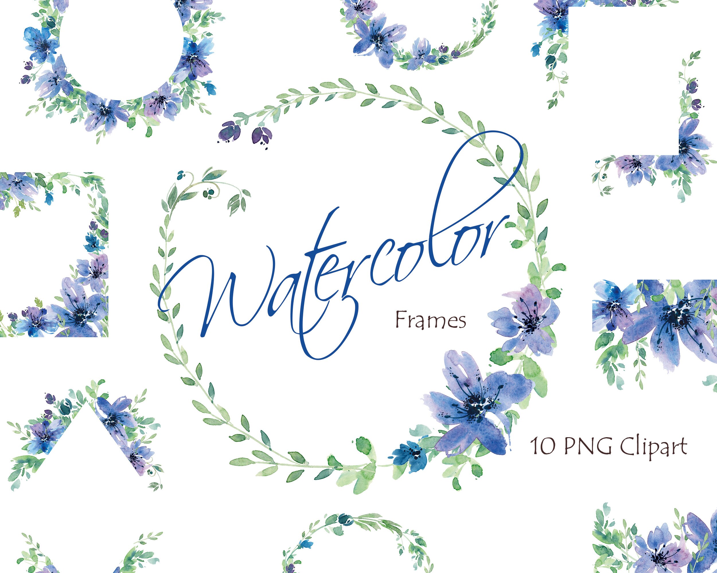 Watercolor Blue Flowers Clipart Frames Borders Round Wreaths Wedding ...