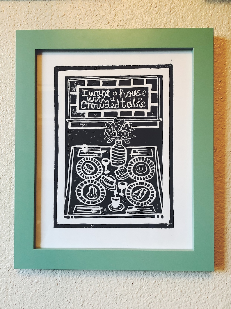 Crowded Table - Linocut Art Print - Etsy