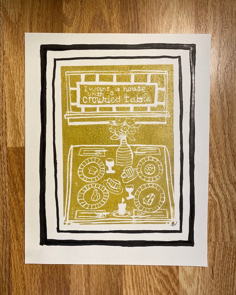 Crowded Table Linocut Art Print - Etsy