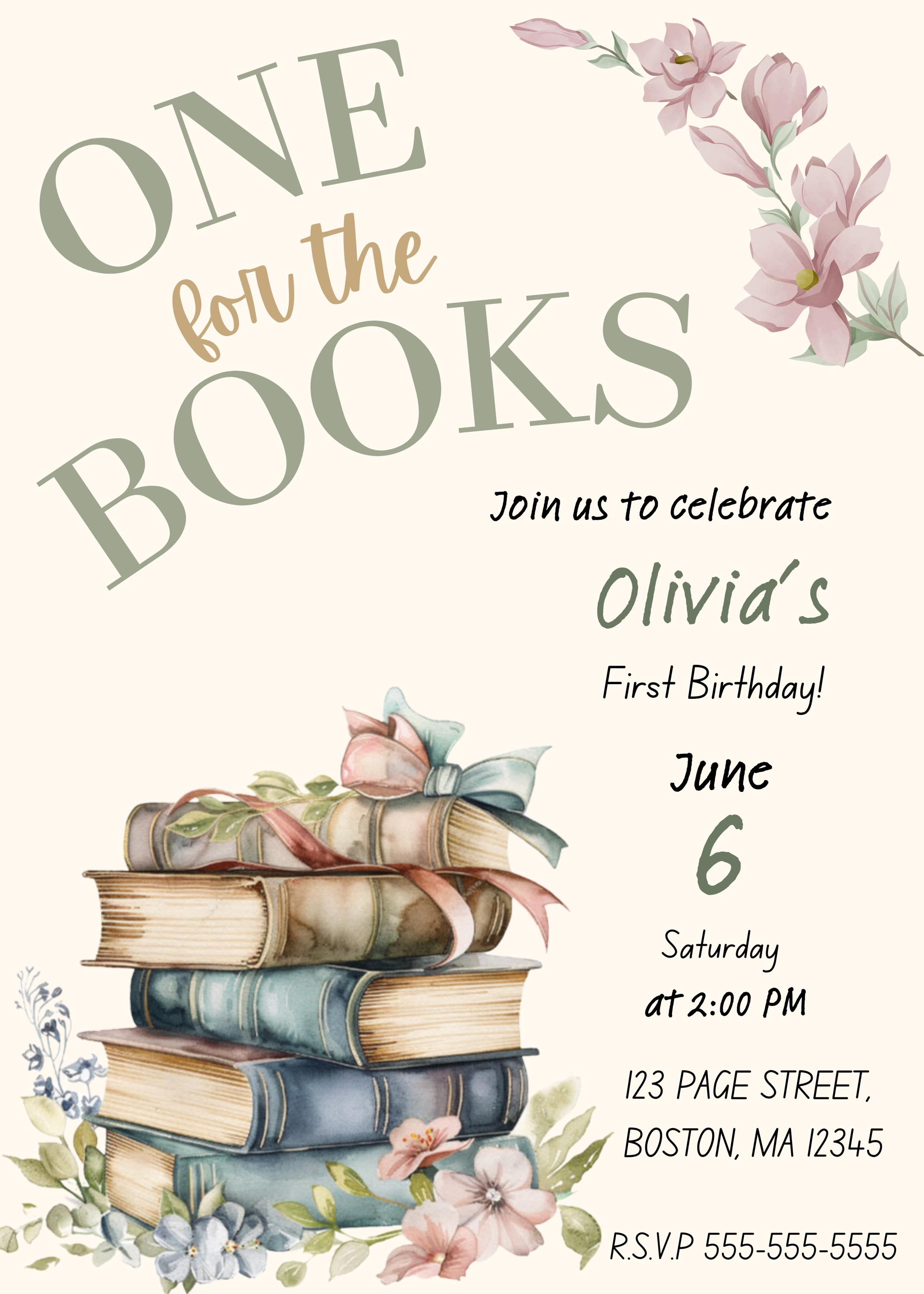 One for the Books Digital Invitations, Stacked Books Party, Instant ...