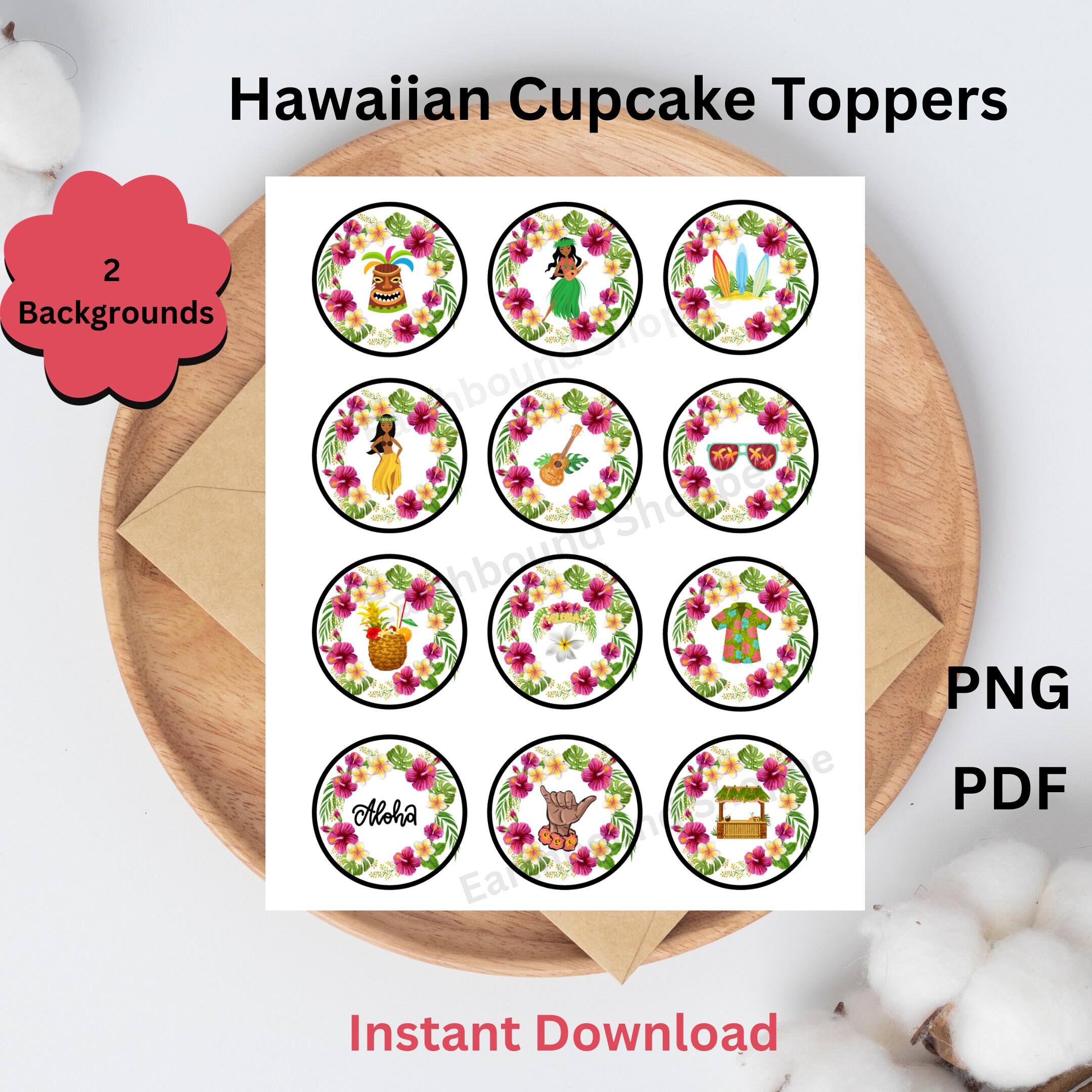 Hawaiian Printable Cupcake Toppers, Floral Hawaii Cupcake Toppers ...