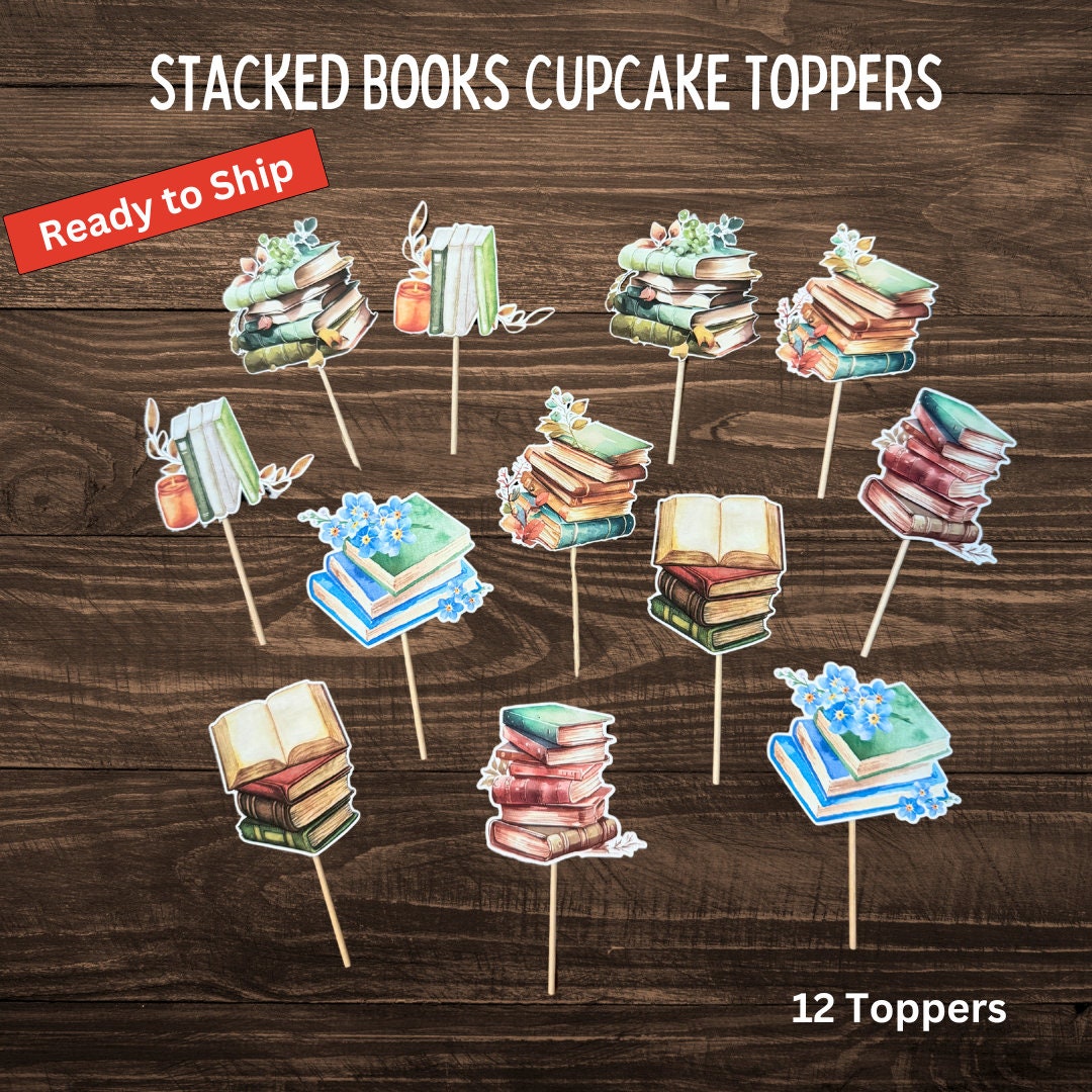 Stacked Books Cupcake Toppers, Pack of 12, Book Lovers, Reading Toppers ...