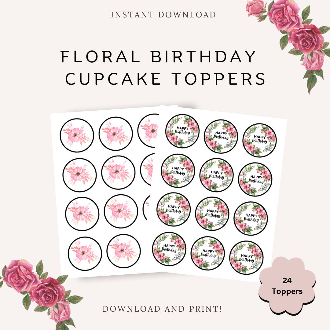 Birthday Cupcake Toppers. Hot Pink Floral Cupcake Toppers, Birthday ...