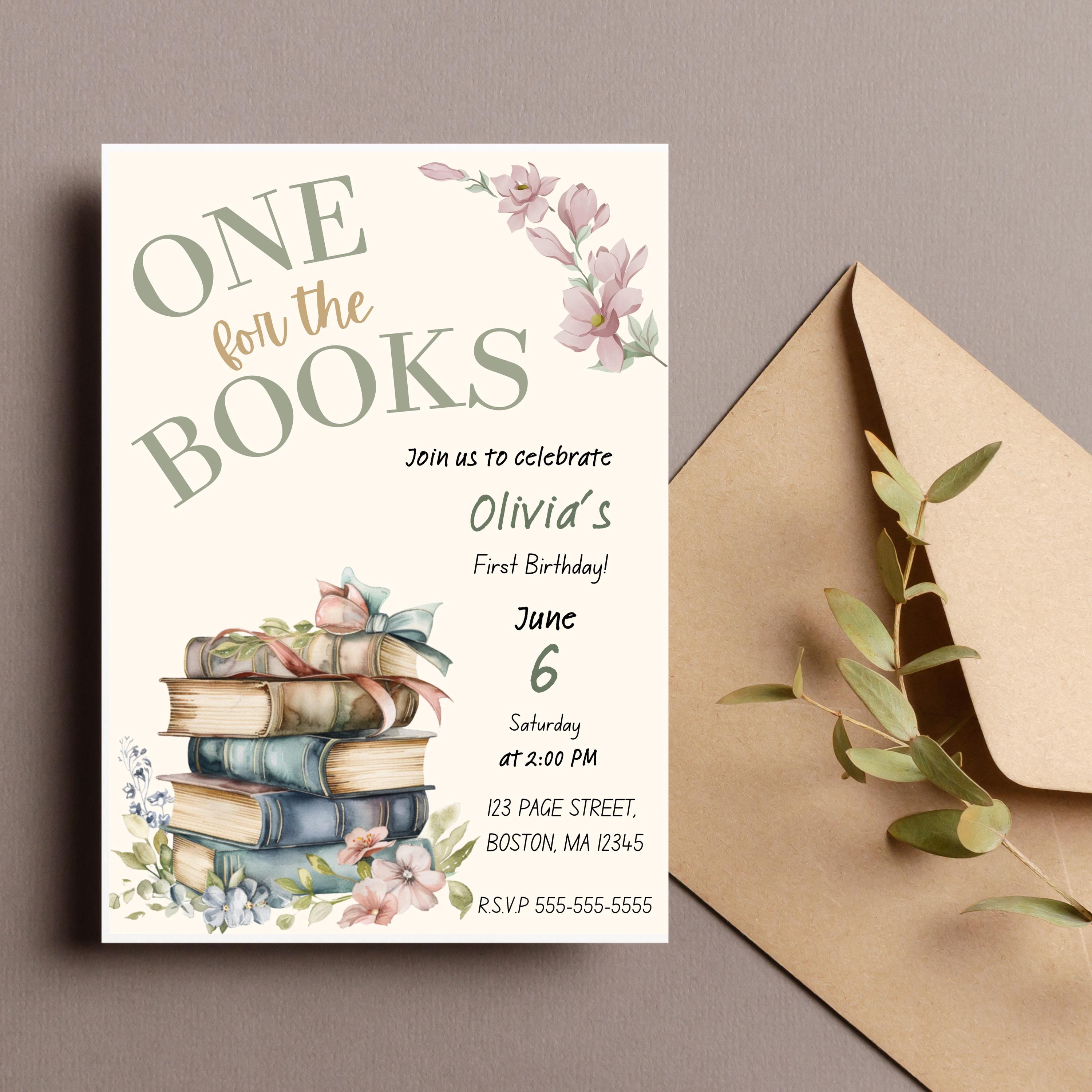 One for the Books Digital Invitations, Stacked Books Party, Instant ...