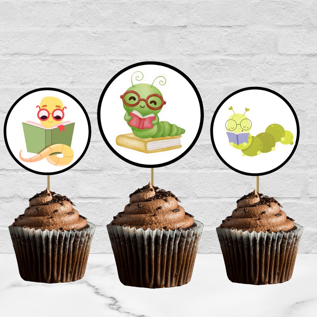 Book Worm Digital Cupcake Toppers, Books, Birthday Kids Party Decor ...
