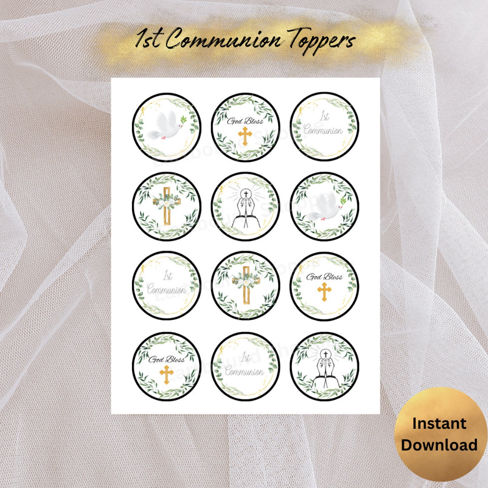 Green and Gold 1st Communion Cupcake Toppers, Boy Girl Communion ...