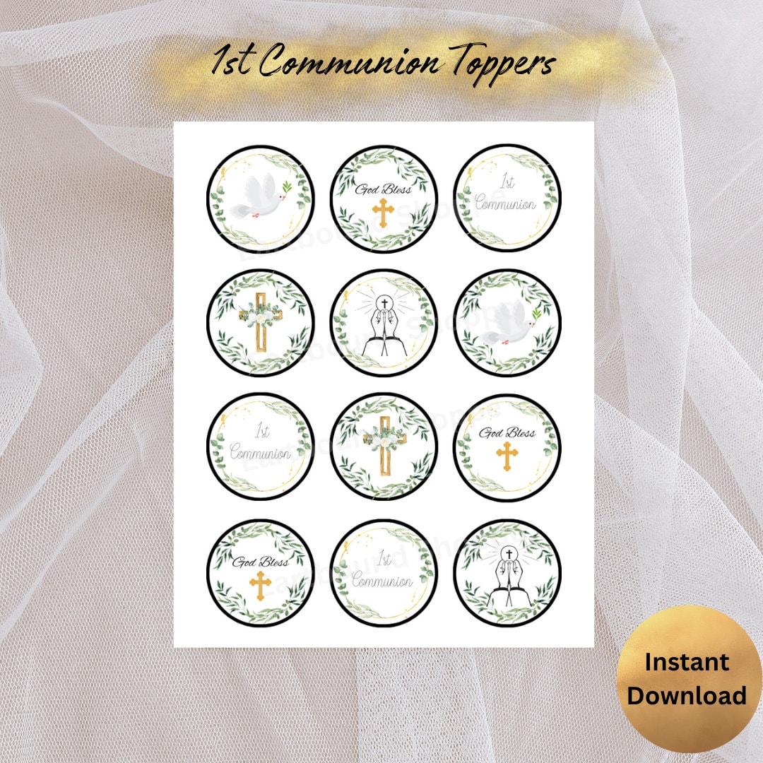 Green and Gold 1st Communion Cupcake Toppers, Boy Girl Communion ...