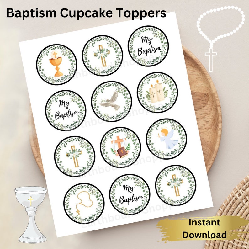 Elegant Baptism Printable Cupcake Toppers, Boy Girl Baptism Greenery ...