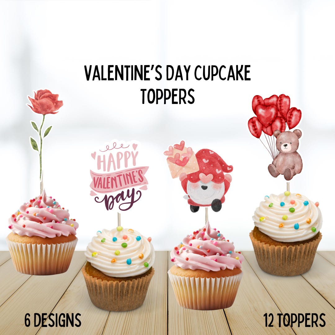 Valentine's Day Cupcake Toppers, Hearts, Flowers, Lovers Day Theme ...